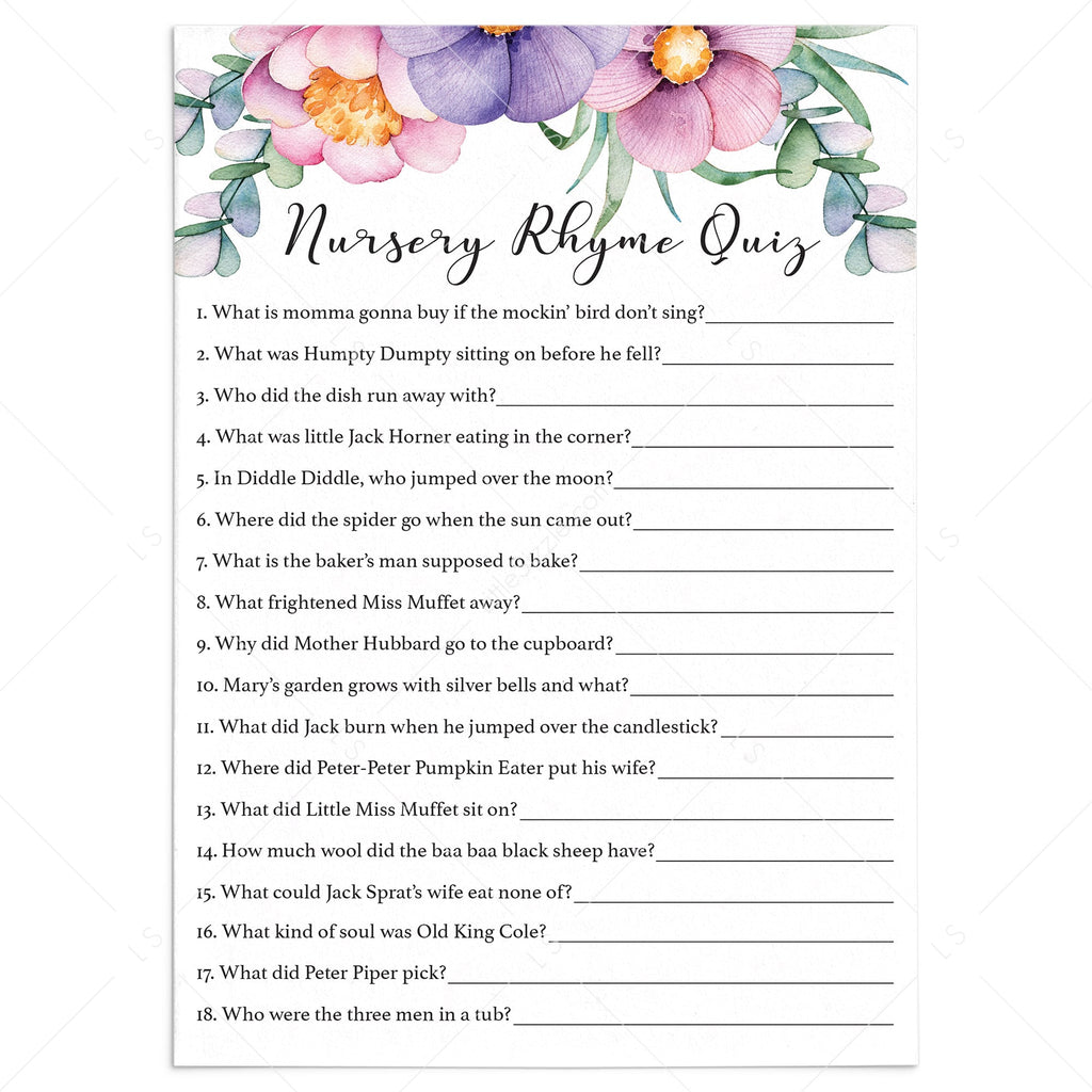 Pink and purple girl baby shower Nursery Rhyme Quiz printable | Floral ...