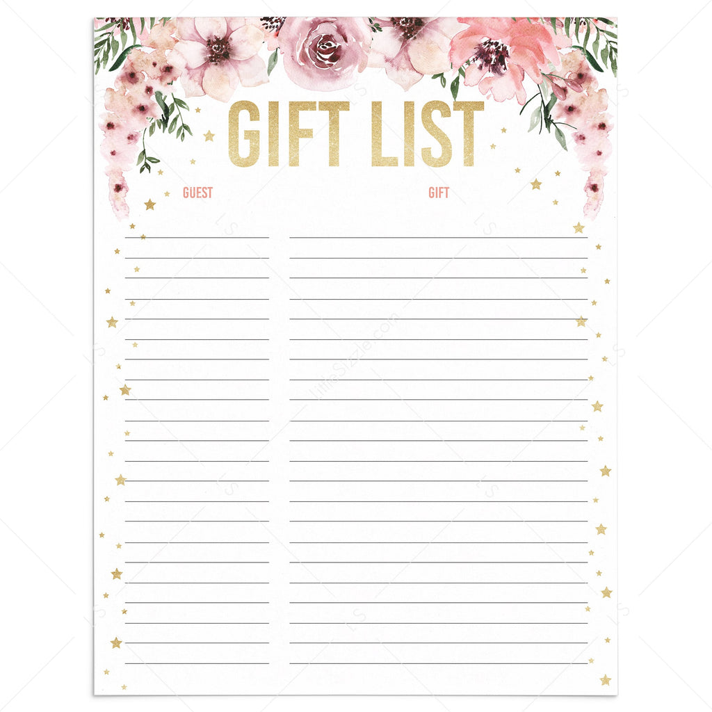 Gift and Guest List printable with Pink Flowers | Instant download ...