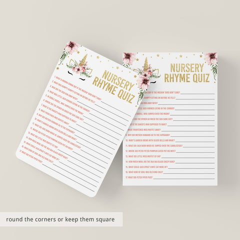 Unicorn Baby Shower game Nursery Rhyme Quiz printable | Instant ...