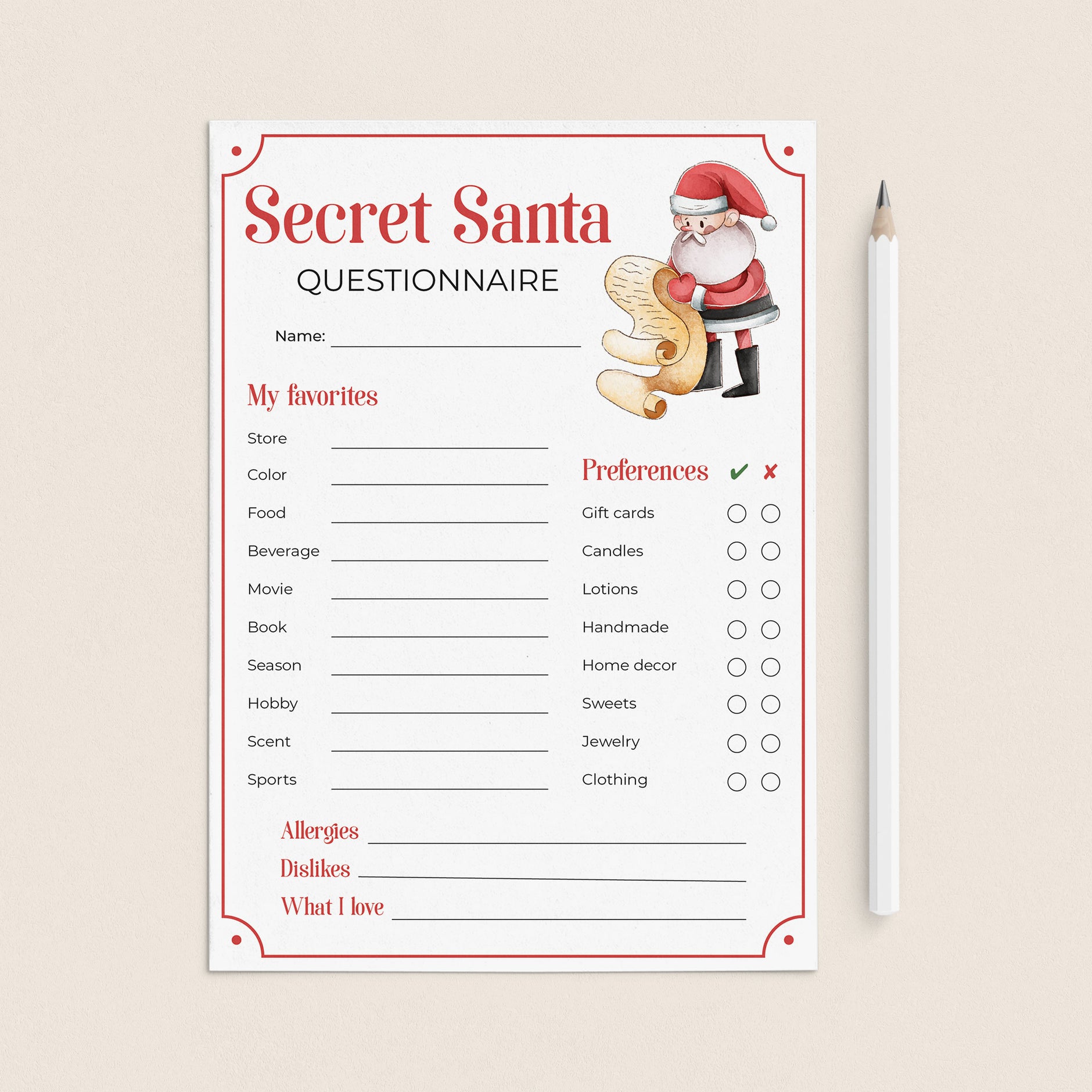 Secret Santa Questionnaire Printables | Holiday Gift Exchange Cards ...