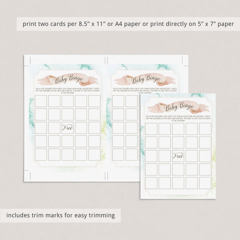 Printable watercolor baby shower bingo game | Blank and prefilled cards ...