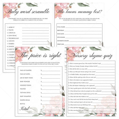 Whimsical Flowers Baby Shower Games Package | Instant download ...