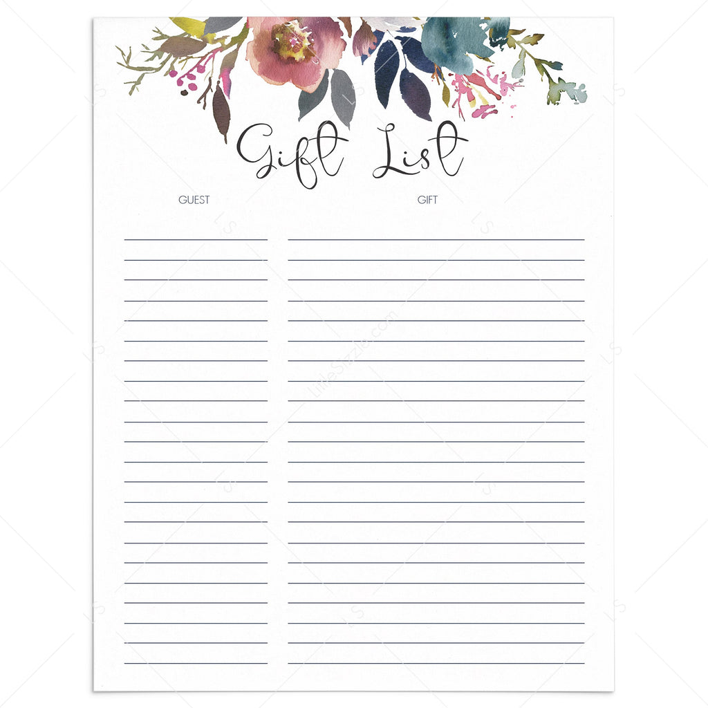 Printable Gift List for floral shower | Keep track of the gifts and ...