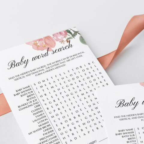Pink Floral baby shower Word Search game printable | Instant download ...