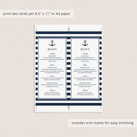 Editable Menu Cards template for Nautical themed party | Instant ...