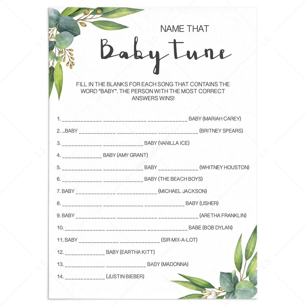 Greenery Guess The Baby Song printable game card | Instant download ...