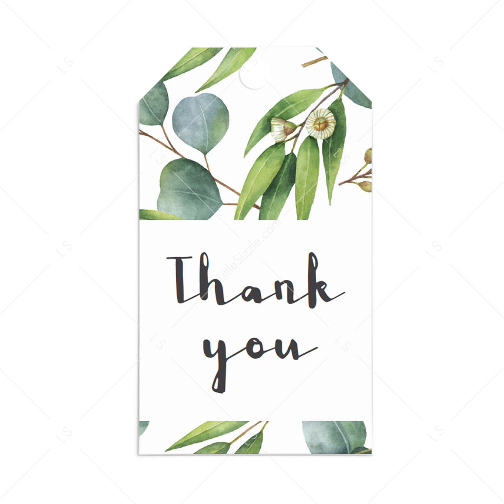Editable green favor tag template with watercolor eucalyptus leaves ...