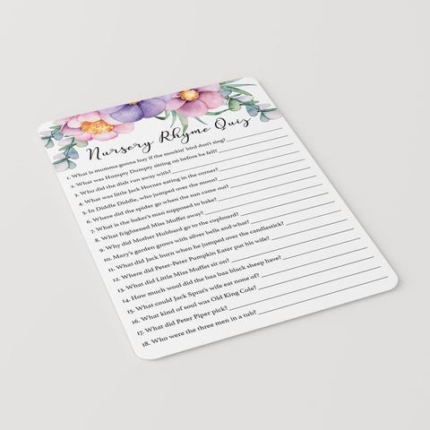 Pink and purple girl baby shower Nursery Rhyme Quiz printable | Floral ...