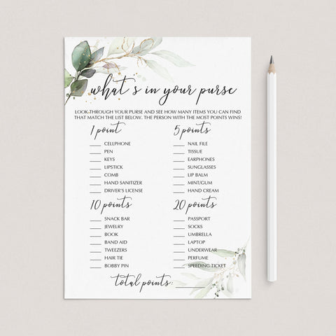 What's In Your Purse Game Printable | Greenery and Gold Theme ...
