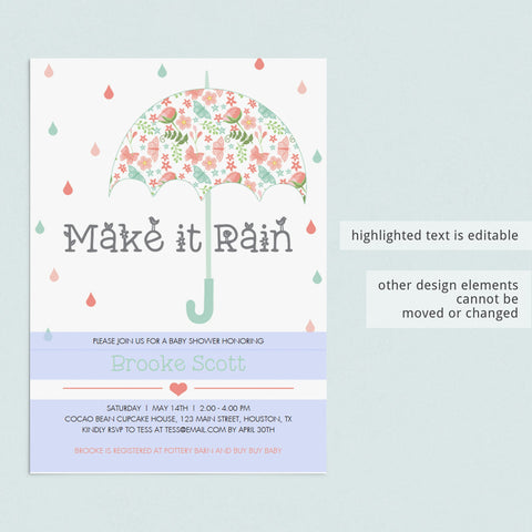 Colorful Rain baby shower invitation template with raindrops and ...