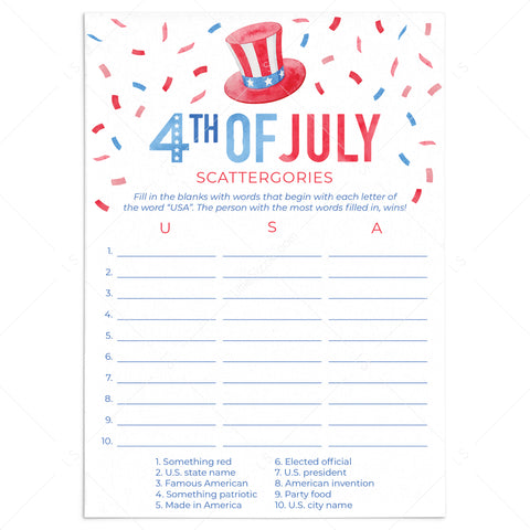 Printable USA Scattergories Game for 4th of July Party | Download ...