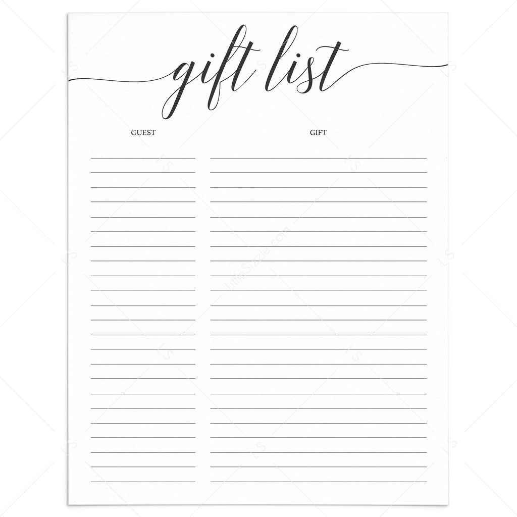 Simple Gift List Printable | Calligraphy Font | Black & White ...