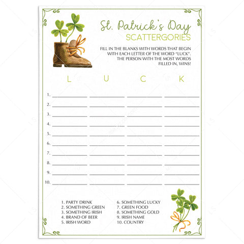 St Patricks Day Scattergories Game Template | Virtual & Printable files ...