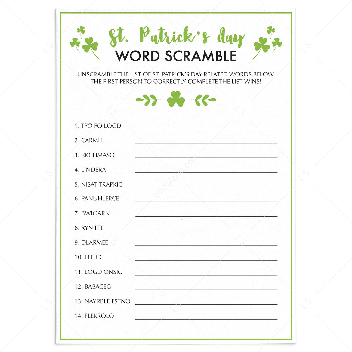 St Patrick's Day Word Scramble Games Printable | Answers Included ...