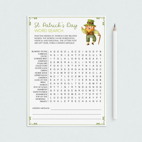 Printable St Patricks Word Search Game with Answers | Instant download ...