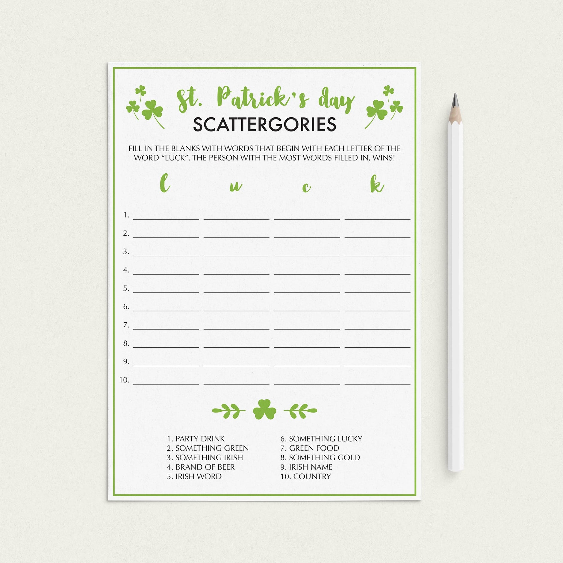 St Patrick's Day Scattergories Games Printable | Scattergories ...