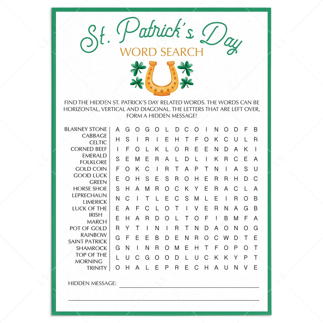 St Patrick's Day Word Search Games Printable | With Hidden Message ...