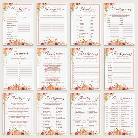 Thanksgiving Games Bundle Printable | Watercolor Floral Pumpkin Autumn ...