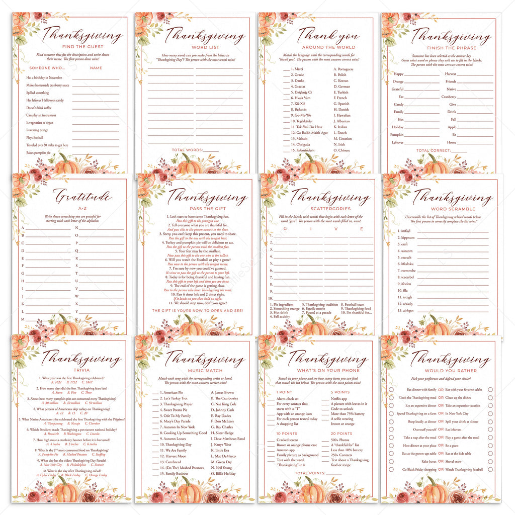 Thanksgiving Games Bundle Printable | Watercolor Floral Pumpkin Autumn ...