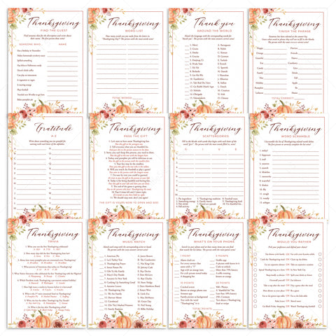 Thanksgiving Games Bundle Printable | Watercolor Floral Pumpkin Autumn ...