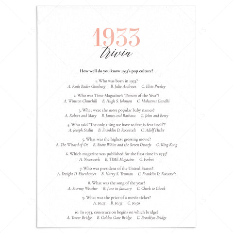 1933 Trivia Questions and Answers Printable | Instant Download ...