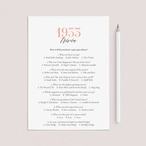 1933 Trivia Questions and Answers Printable | Instant Download ...
