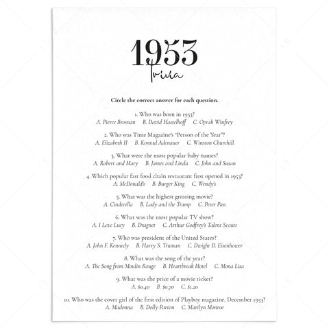 1953 Trivia Quiz with Answer Key Instant Download | 70th Birthday Party ...