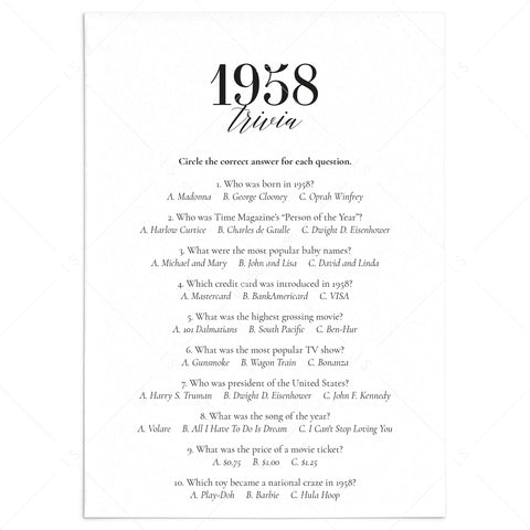 1958 Fun Facts Quiz with Answers Printable | 1958 Pop Culture Trivia ...