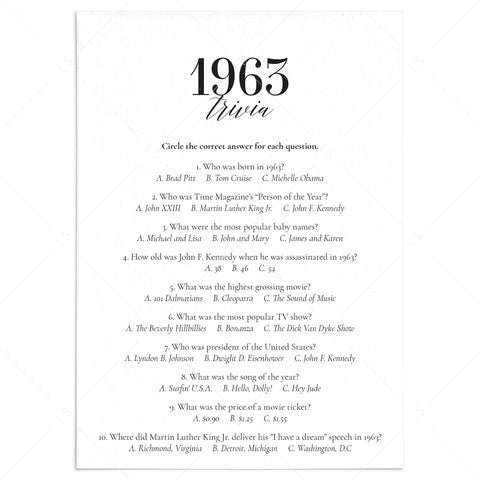 1963 Fun Facts Quiz with Answers Printable | 1963 Pop Culture Trivia ...