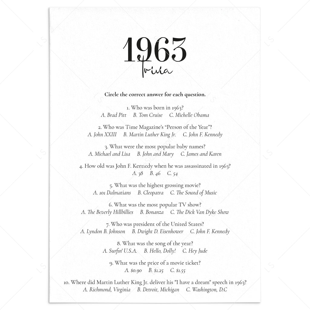 1963 Trivia Quiz with Answer Key Instant Download | 62nd Birthday ...