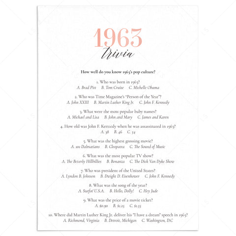 1963 Trivia Questions and Answers Printable – LittleSizzle