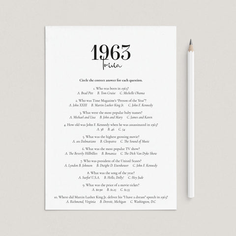 1963 Trivia Quiz with Answer Key Instant Download | 61st Birthday ...