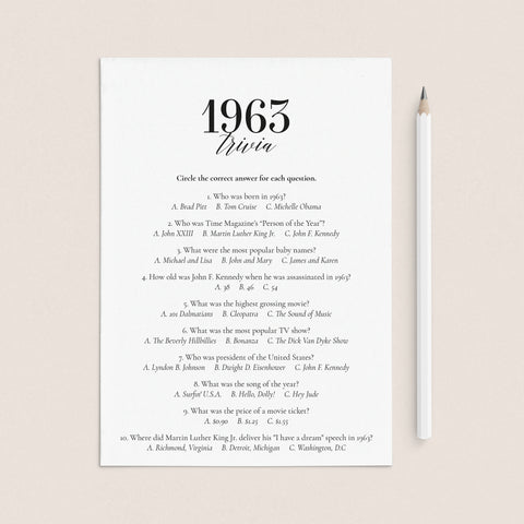1963 Fun Facts Quiz with Answers Printable | 1963 Pop Culture Trivia ...