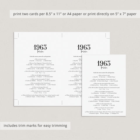 1963 Trivia Quiz with Answer Key Instant Download | 60th Birthday ...