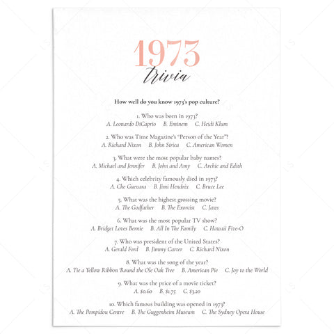 1973 Trivia Questions and Answers Printable | Instant Download ...