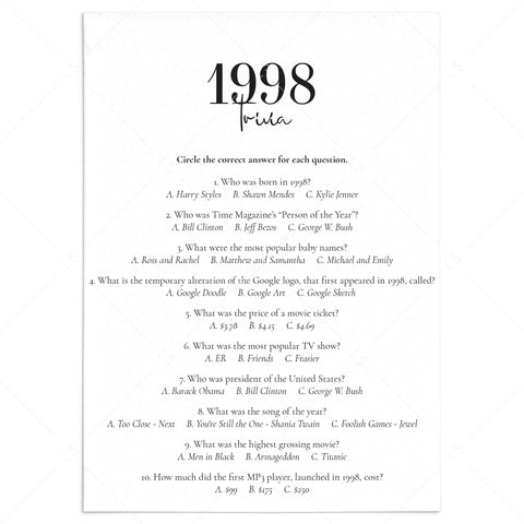 1998 Trivia Quiz with Answers Digital Download | Fun Facts About 1998 ...