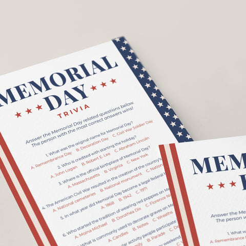 Memorial Day Trivia Questions with Answers Printable | Instant Download ...
