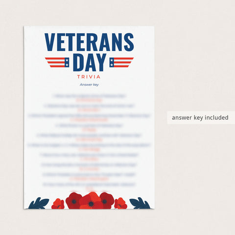 Veterans Day Trivia Quiz with Answers Printable | Instant Download ...