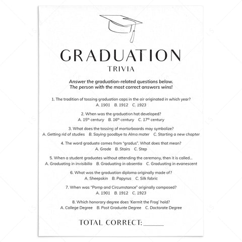 Graduation Trivia Quiz with Answer Key Printable | Instant Download ...