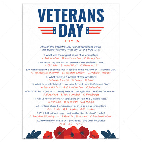 Veterans Day Trivia Quiz with Answers Printable | Instant Download ...