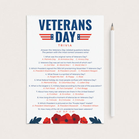 Veterans Day Trivia Quiz with Answers Printable | Instant Download ...