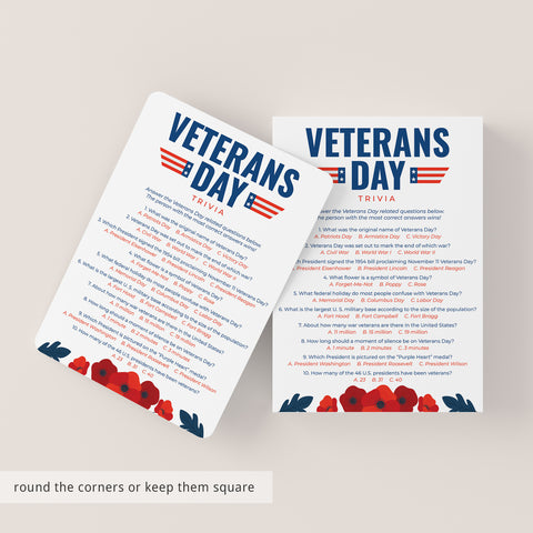 Veterans Day Trivia Quiz with Answers Printable | Instant Download ...