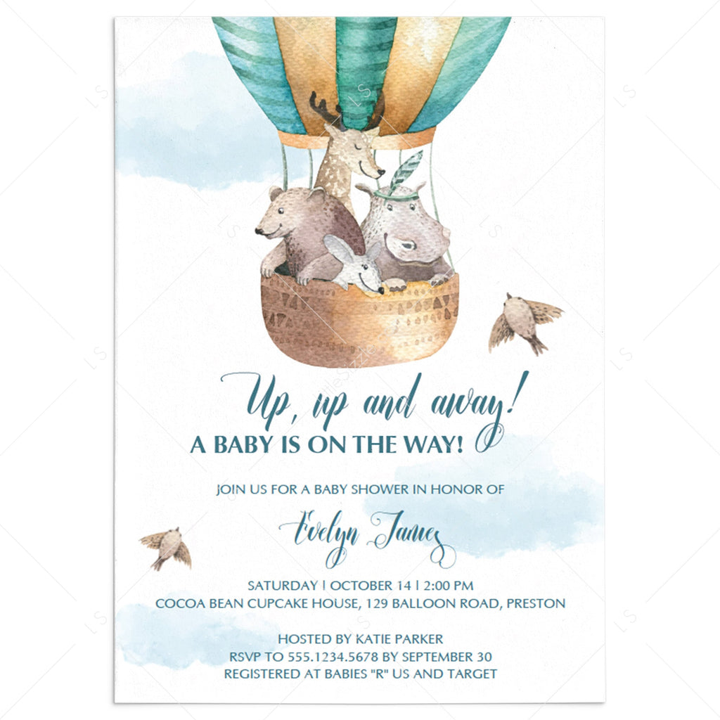 Up, Up and Away baby shower invitation template | Hot Air Balloon boy ...