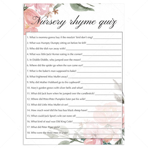 Watercolor Baby Nursery Rhyme Quiz printable | Instant download ...
