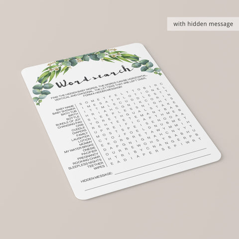 Baby Shower Word Search Game with Watercolor Green Leaves printable ...