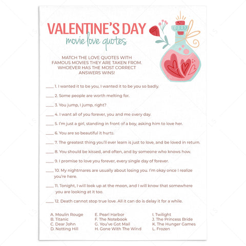 Match The Movie Love Quotes Valentine's Day Game Printable – LittleSizzle