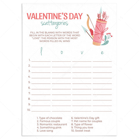 Printable Valentine Scattergories Game | Instant Download – LittleSizzle