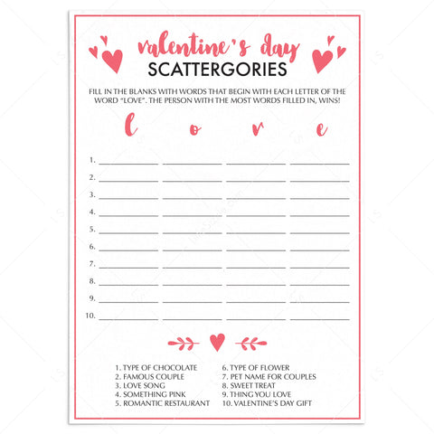 Printable and Virtual Valentine's Day Party Game Scattergories ...