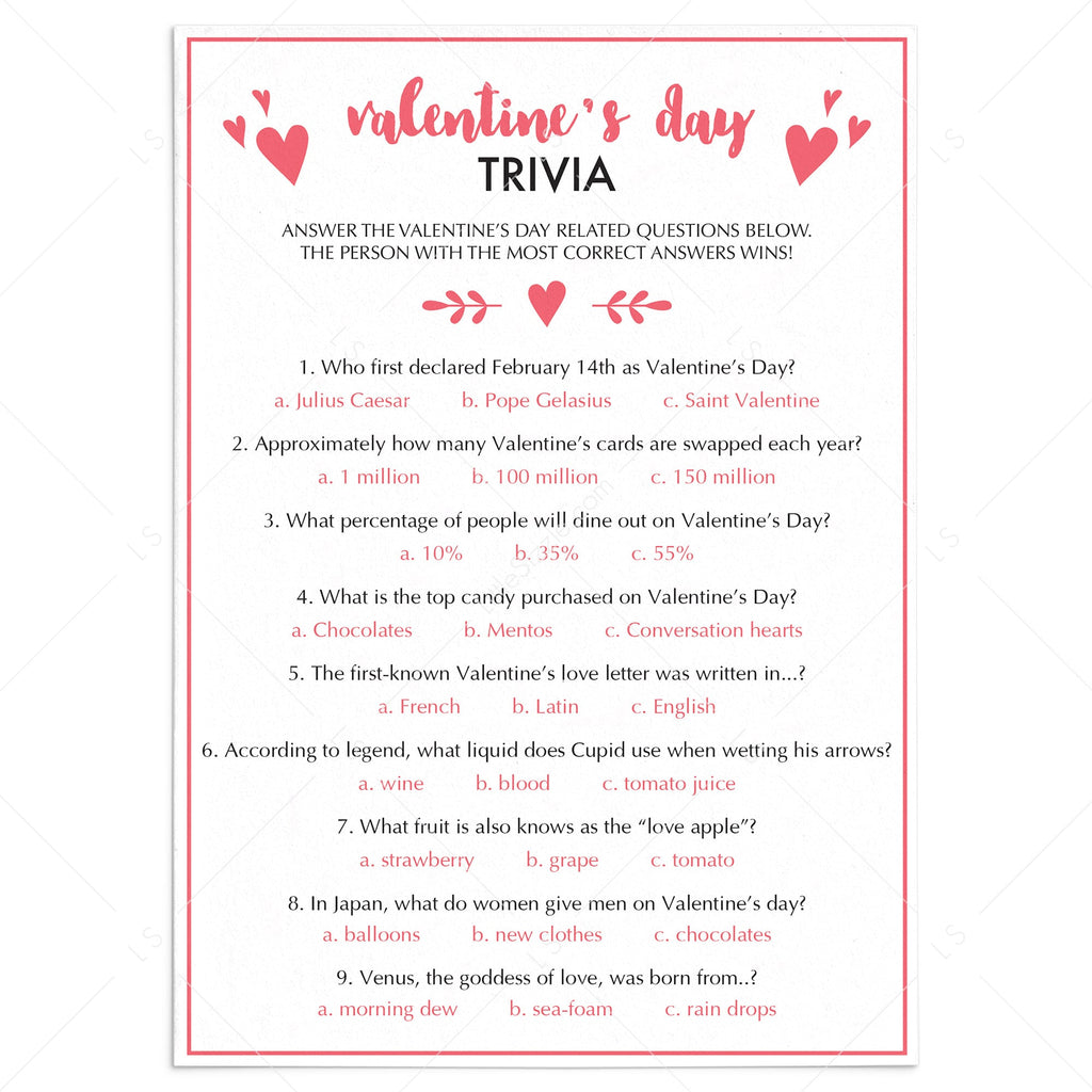Valentine's Day Trivia Game | Virtual & Printable Files | Instant ...