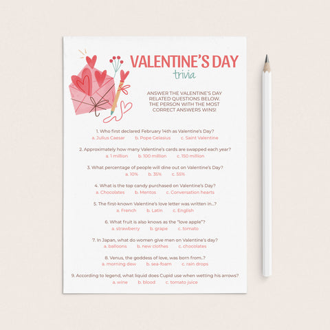 Valentine's Trivia Quiz with Answers Printable | Instant Download ...